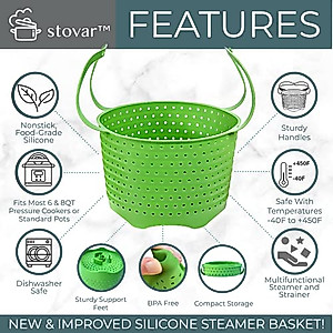 Silicone Steamer Basket For 6QT Instant Pot, Ninja Foodi, Other Pressure Cookers [3qt & 8qt avail] - Multiuse Silicone Strainer Steam Basket - Vegetable Steamer Basket for Pot & Pressure Cooker, Green