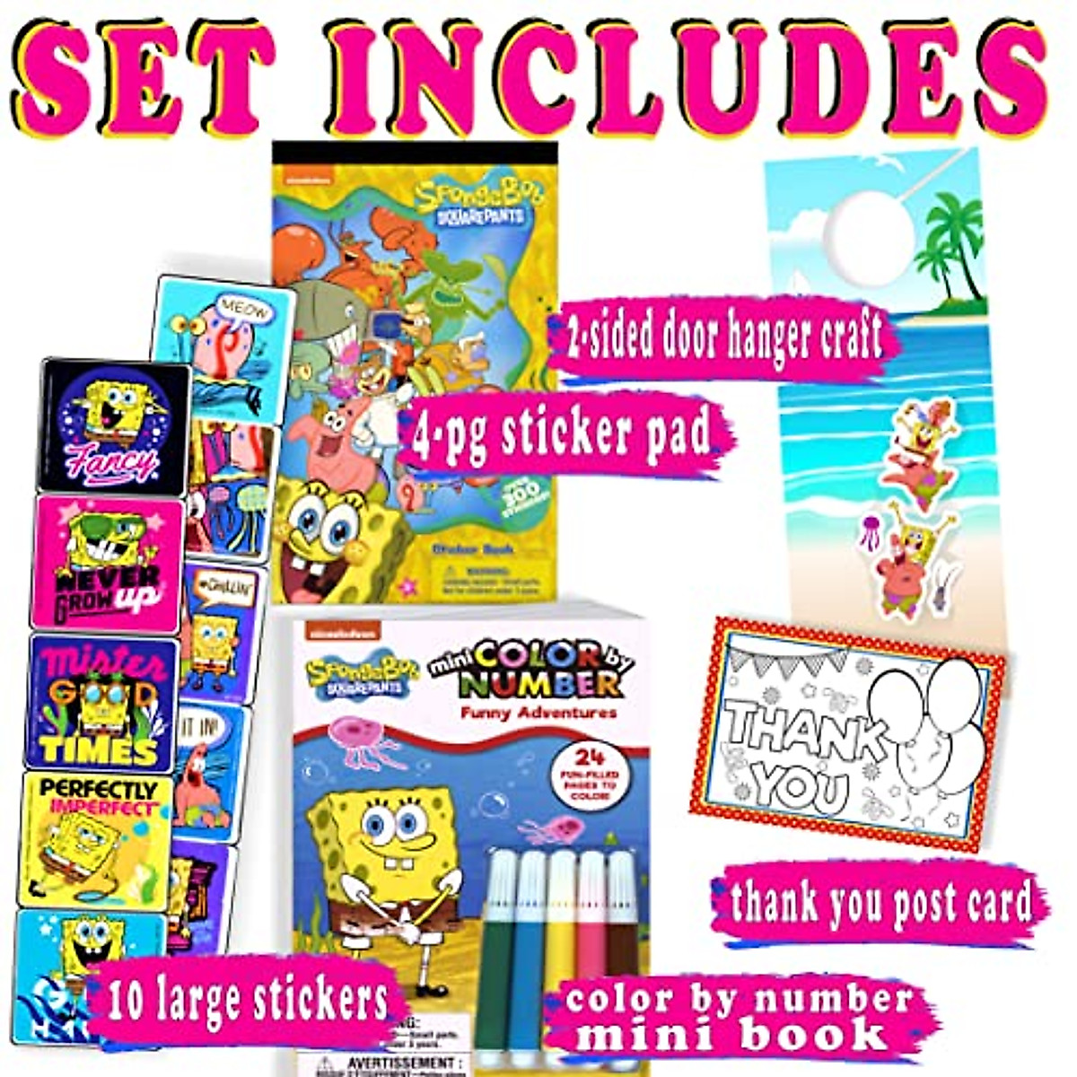 Spongebob Squarepants Stickers Activity Set- Bundle Includes Spongebob Coloring Book, Spongebob Stickers, and Door Hanger Craft, with Thank You Card to Color and Mail