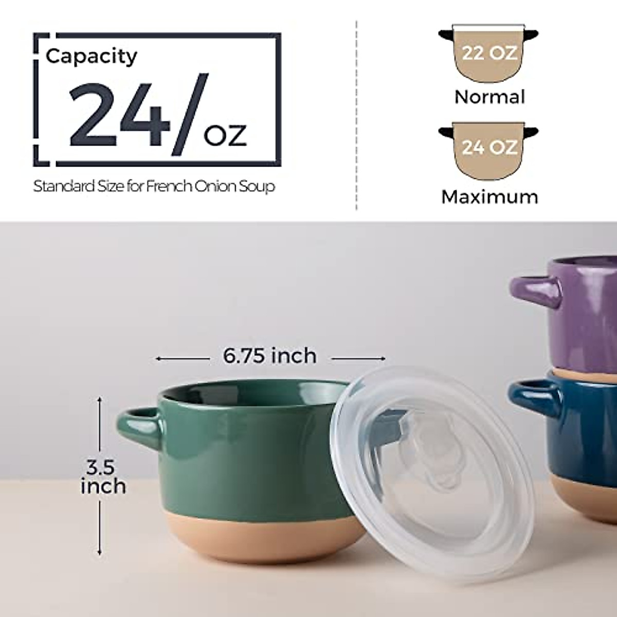 AmorArc 24 Ounces Soup Bowls with Large Handles and Lids, Stoneware Bowls Set of 4 for Soup,Cereal,Stew,Noodle, Colourful Ceramic Kitchen Bowls, Microwave&Dishwasher Safe, Multicolor