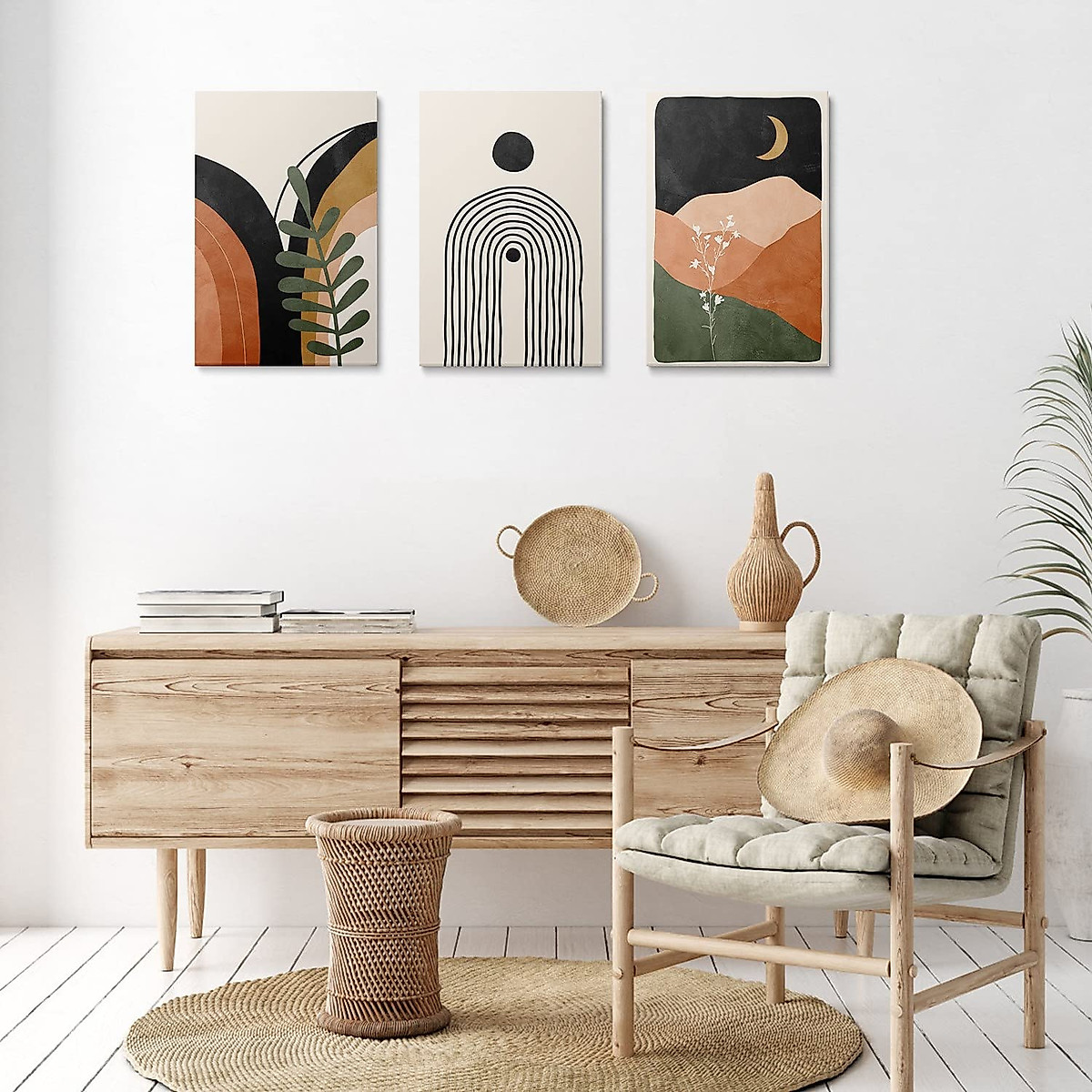 GUBIYU Set Of 3 Boho Wall Decor Mid Century Modern Bedroom Wall Art Minimalist Bathroom Decor Gallery Art Neutral Abstract Geometric Wall Art Prints Canvas Boho Room Decor Black Beige Orange 16"x24"