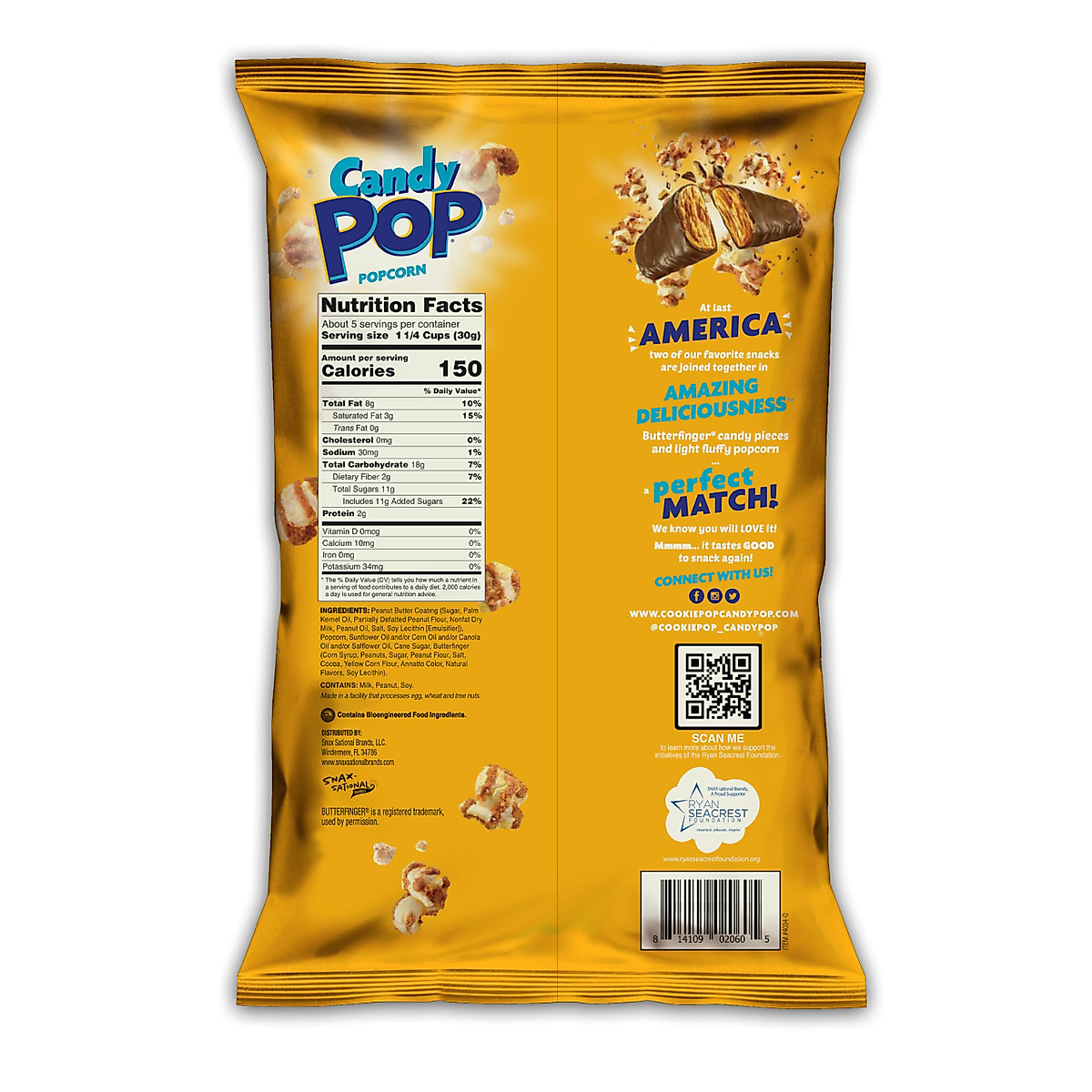 CANDY POP Butterfinger Candy Coated Popcorn (5.25oz bags) Made with Real Butterfingers Candy Pieces - Pack of 6