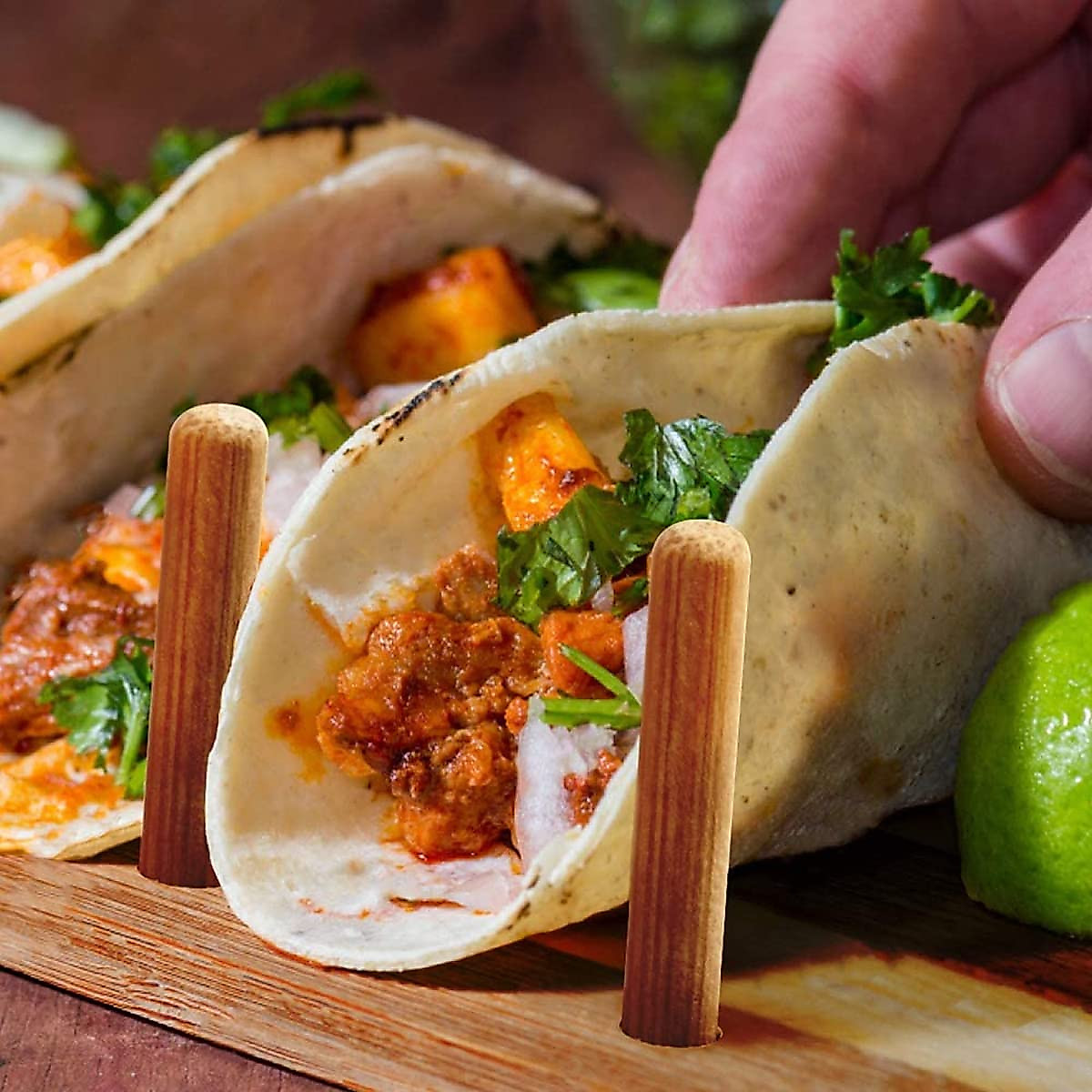 YYRZZ Taco Holders Stand, Natural Bamboo Taco Plates Rack Holds 8 Soft or Hard Shell, Wooden Taco Tray for a Party, Tortillas, Burritos, Home, Parties (2)