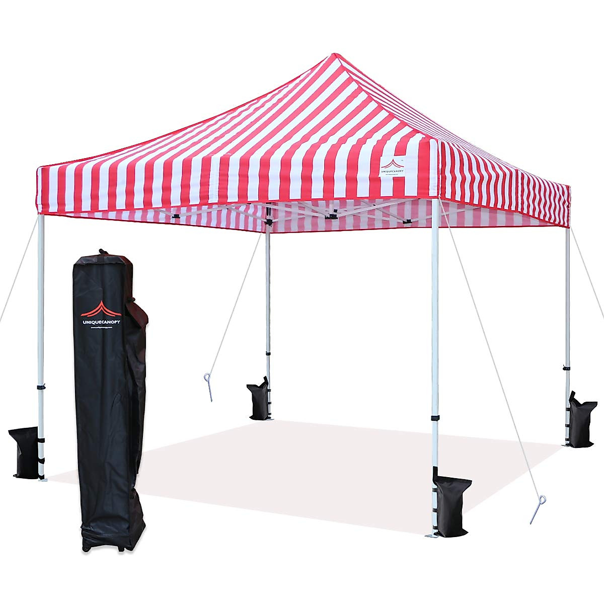 UNIQUECANOPY 10'x10' Pop Up Canopy Tent Commercial Instant Shelter with Heavy Duty Roller Bag, 4 Canopy Sand Bags, 10x10 FT Red White Strip