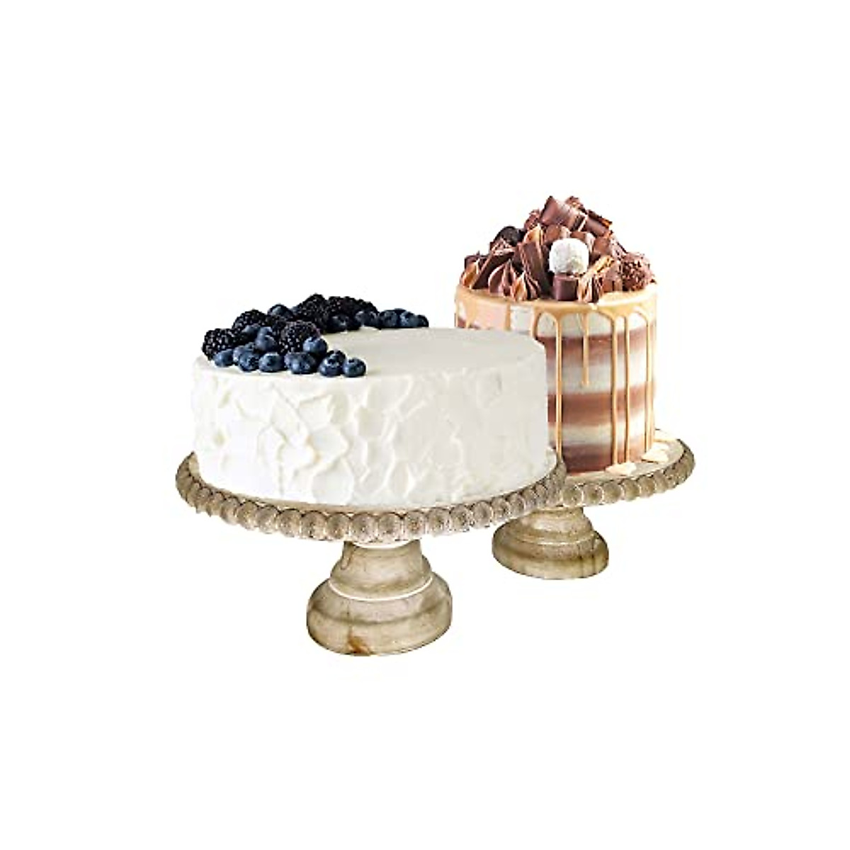 First of a Kind Unique Round Wood Tray - Set of 2 Beaded pedestals Wooden Trays, 12.5" Creative Small Wood Tray Decor - Decorative Tray for Home & Kitchen Decor (Whitewashed)