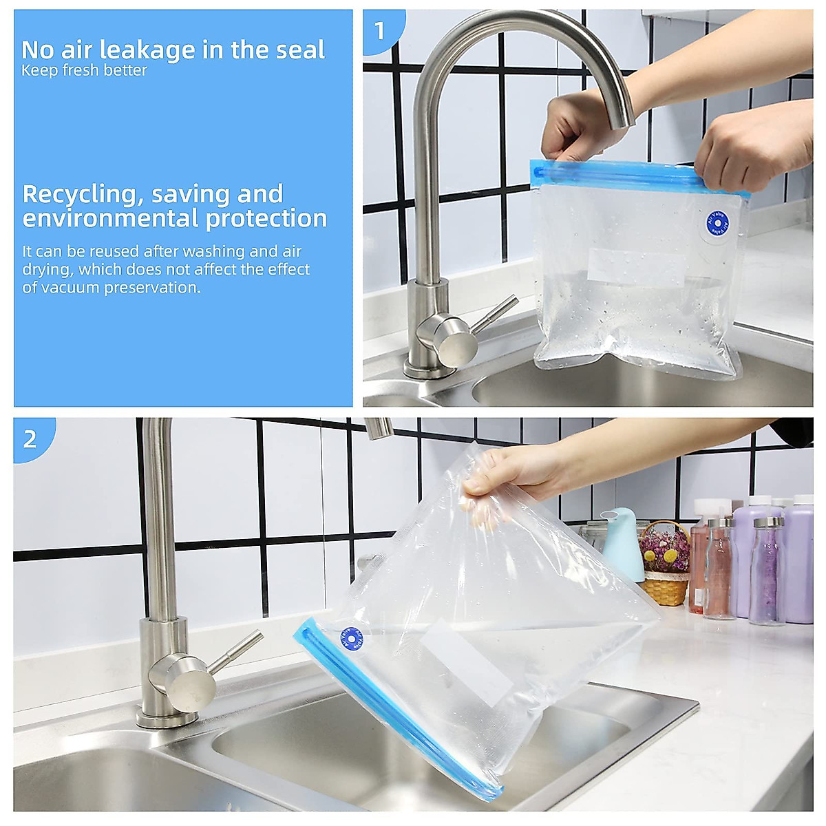 Domsanistor Sous Vide Bags Reusable, 20 PCS Vacuum Sealer Bags for Food with 6 Sealing Clips, Food Vacuum Sealer Bags for Food Storage & Sous Vide Cooking, BPA Free(11.8 * 13.4 inch)