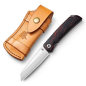 KATSU Folding Pocket Japanese Knife, G10 Handle, EDC Knife w/ D2 Steel Blade, Leather Sheath