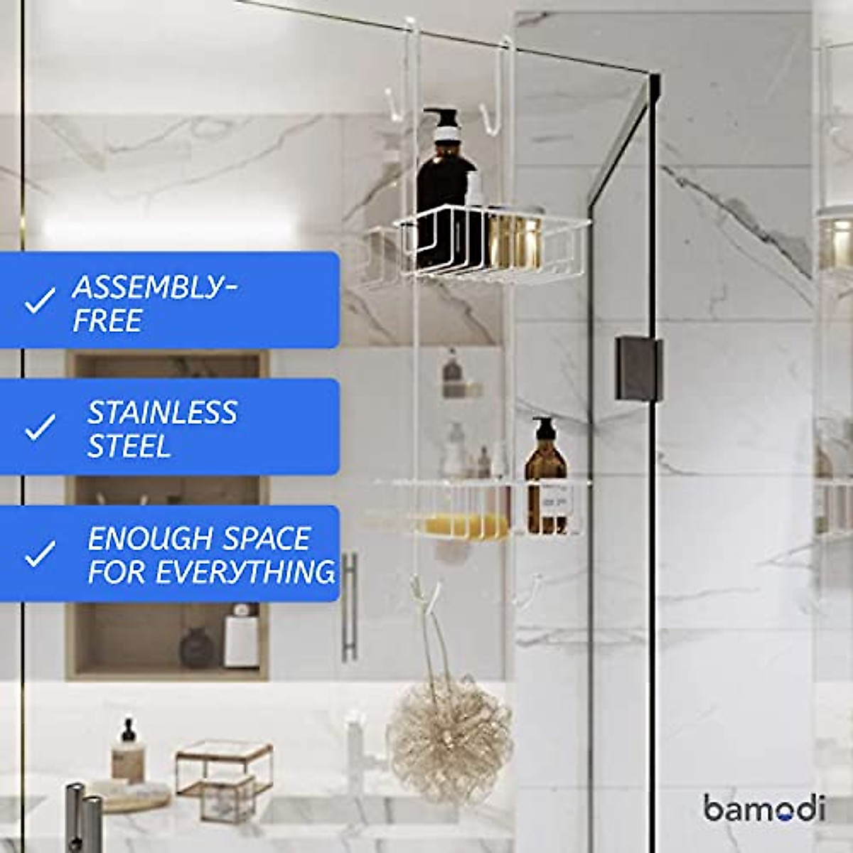 Bamodi Shower Caddy Hanging - 2 Tier Over Door Chrome Plated - No Drilling Required - Fits Shower Screens up to 0.78 inches - Hangable Shower Rack with 2 Towel Hooks (27.5 x 7.5 x 7.3 INCHES)