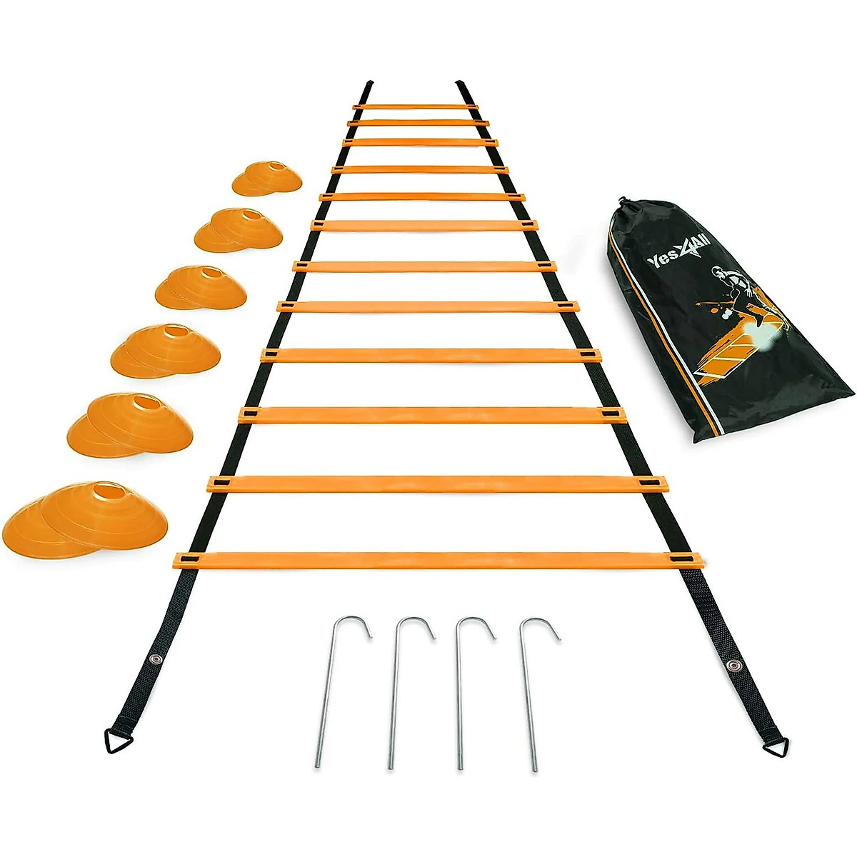 Yes4All Ultimate Combo Agility Ladder Training (Orange) Set – Speed Agility Ladder Orange 12 Adjustable Rungs, 12 Agility Cones & 4 Steel Stakes - Included Carry Bag