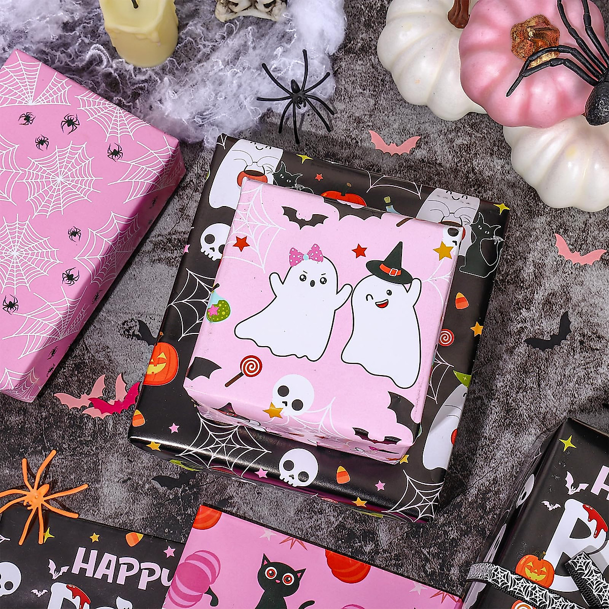 Whaline 12 Sheets Pink Halloween Wrapping Paper - Not Roll - Pink Black Ghost Gift Wrap Paper Pumpkin Cat Folded Flat Cute DIY Art Craft Paper for Halloween Party Decor Supplies, 19.7 x 27.6 Inch