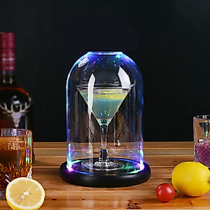 CREATIVECHEF Cocktail Smoker Kit for Glass Dome 5.1" x 7.9“ With Color LED Wooden Base, Cocktails Smoke Infuser Accessory, Smoking Cloche for Drinks