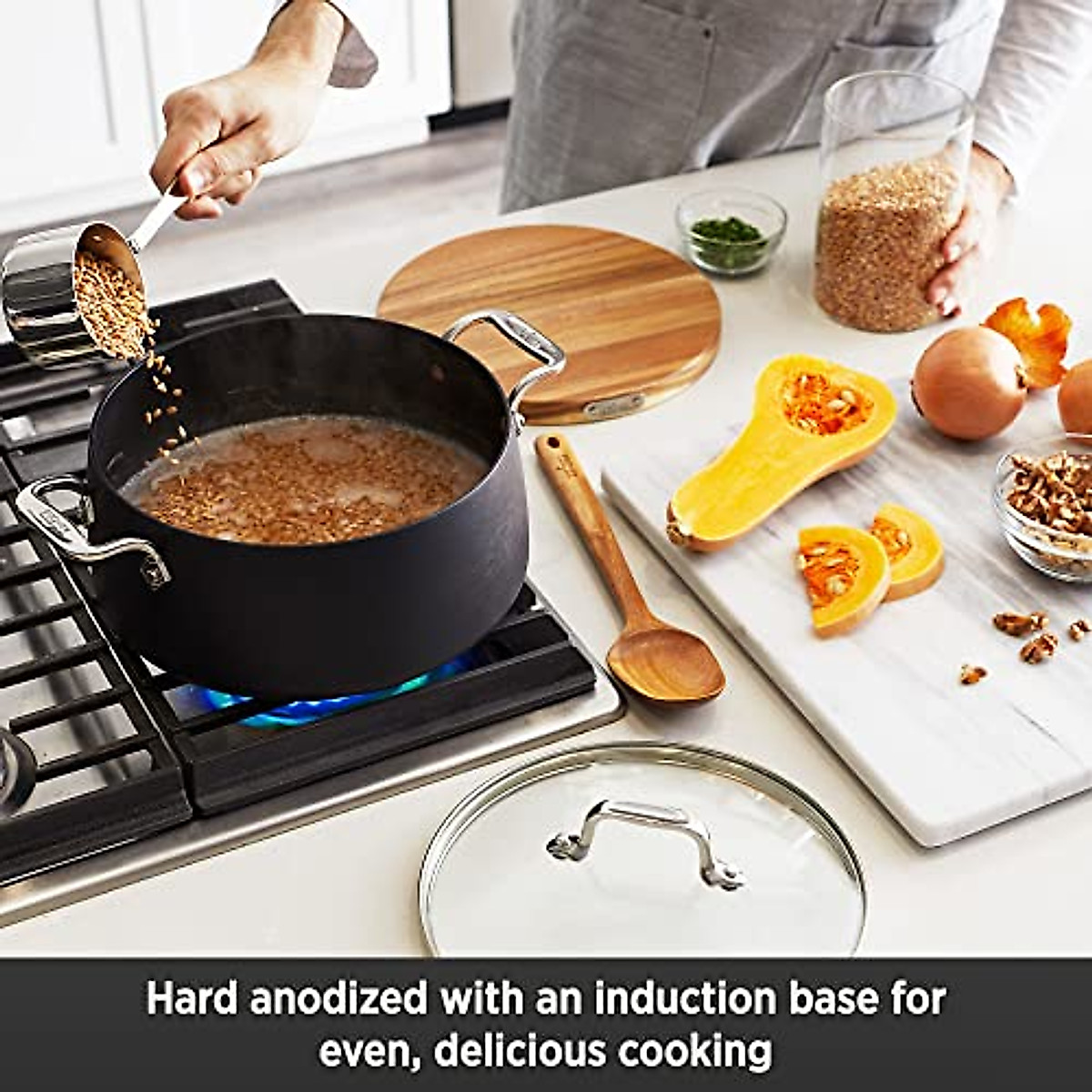 All-Clad HA1 Hard Anodized Nonstick 4 Piece Dutch Oven Set, Acacia Trivet and Spoon 6 Quart Induction Pots and Pans, Cookware Black