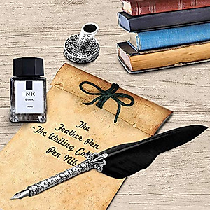 Trustela Feather Quill Pen Set - Calligraphy Dip Pen Set Includes Big Feather Pen With 18 Calligraphy Nibs And Pen Holder In A Gift Box For Writing And Antique Desk Decor (BlackFeather)