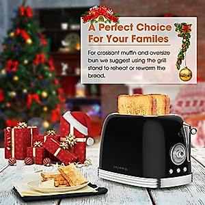 CROWNFUL 2-Slice Toaster, Extra Wide Slots Toaster, Retro Stainless Steel with Bagel, Cancel, Defrost, Reheat Function and 6-Shade Settings, Removal Crumb Tray, Black