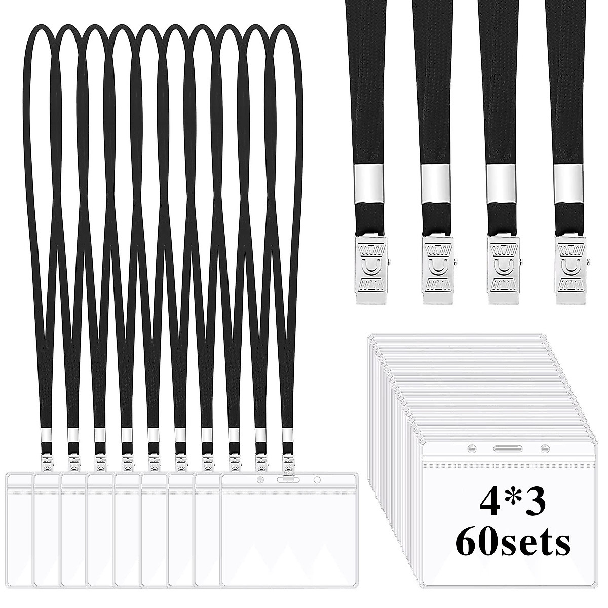 60 Pack Clear Name Tag Holders & Lanyards - Durable & Reusable