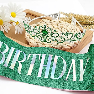 Green Tiara Sash Gifts with Rhinestone Crystal Headband - Princess Queen Crown Decorations and Accessories for Women