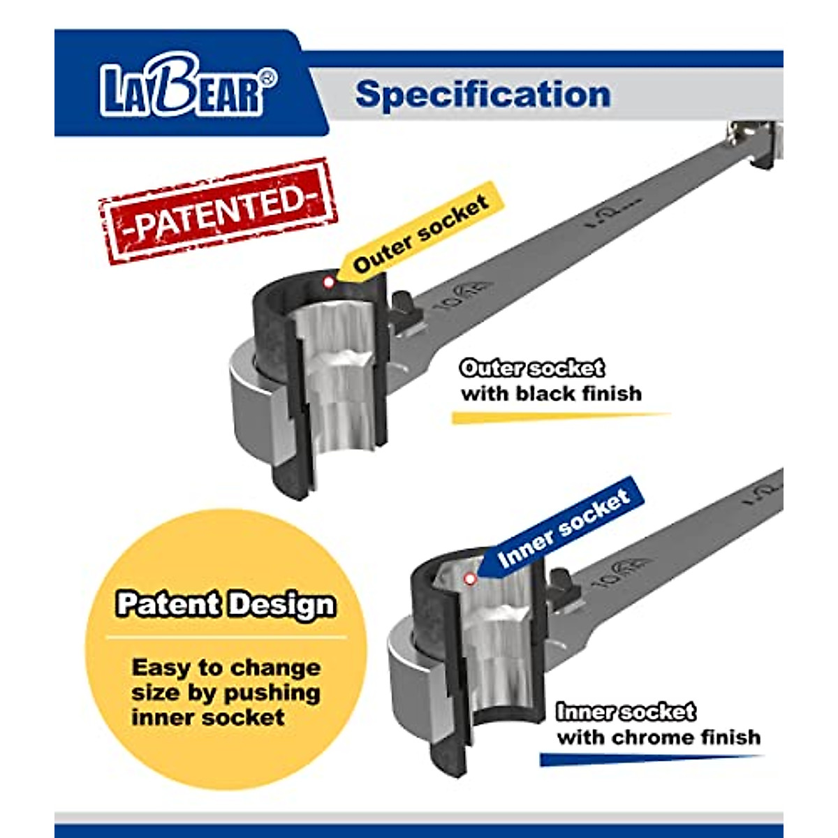 LABEAR - SAE 8 in 1 Speed wrench, 8 in 1 Double End Reversible Combination Wrench, Ratcheting Wrench, 5/16",3/8",7/16",1/2",9/16",5/8",11/16",3/4"