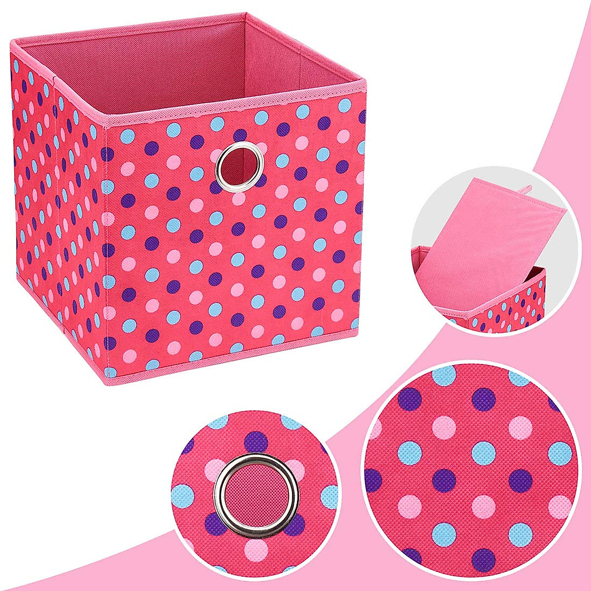 i BKGOO Foldable Storage Cube Drawer Bins Set of 4 Collapsible Fabric Storage Boxes with Round Metal Grommets for Organizing Shelf Nursery Home Closet Dots Pink 10x10x10 inch