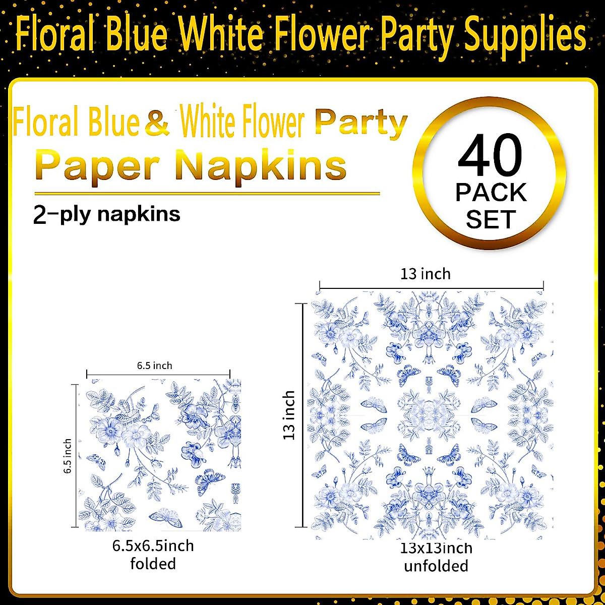 40 Pack Blue White Floral Cocktail Napkins Blue White Floral Luncheon Napkins Fancy Dessert Paper Napkins for Floral Theme Bridal Baby Shower Tea Party Blue White Floral Birthday Party Supplies Decor