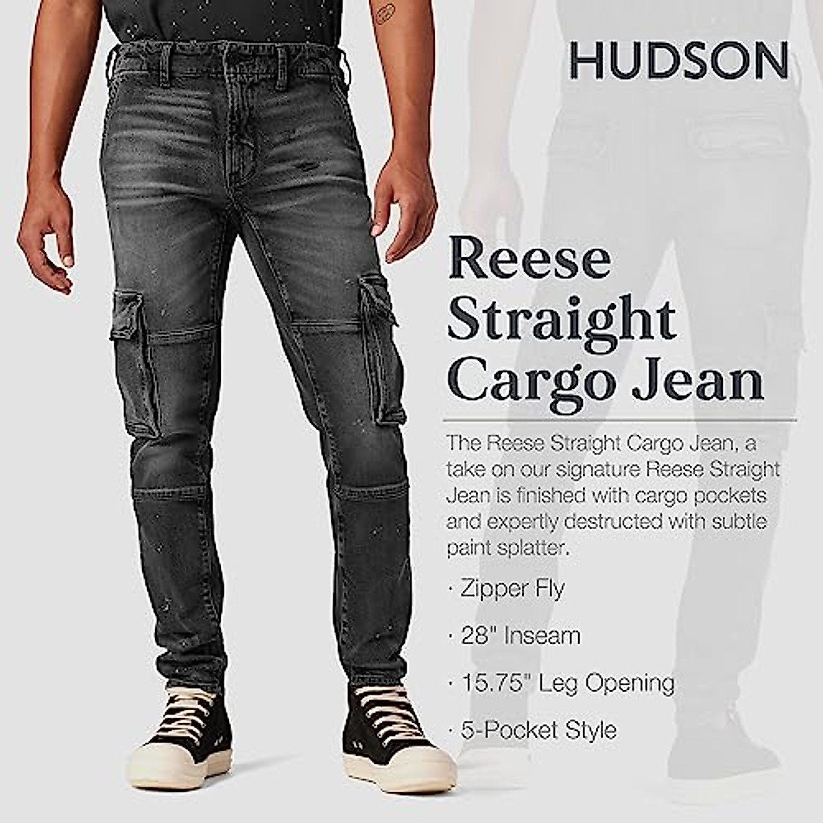 Hudson Jeans Men's Reese Straight Cargo, Black Ash, 29 Regular