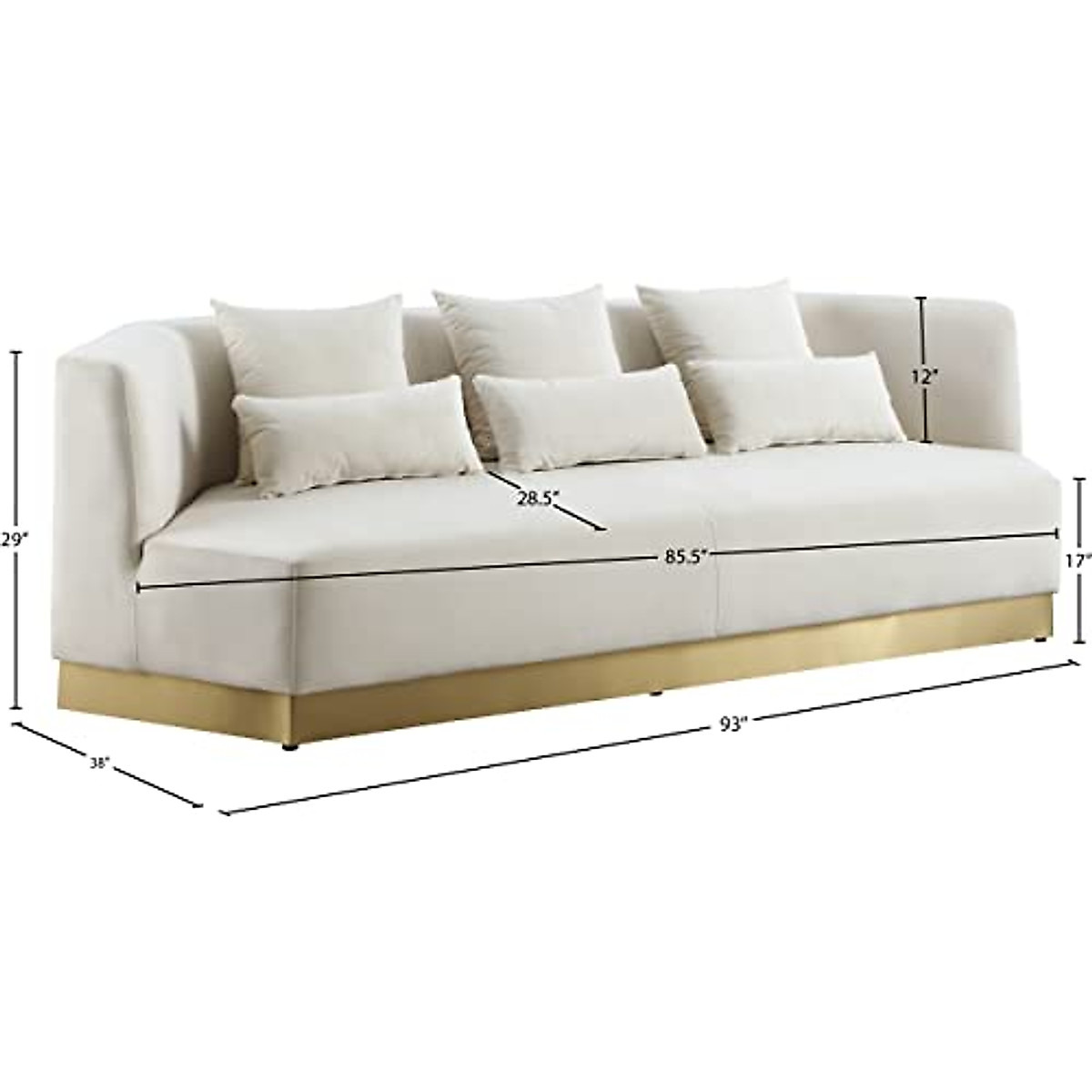 Meridian Furniture Marquis Collection Modern | Contemporary Velvet Upholstered Sofa with Stainless Steel Base in a Rich Gold Finish, 93" W x 38" D x 29" H, Cream