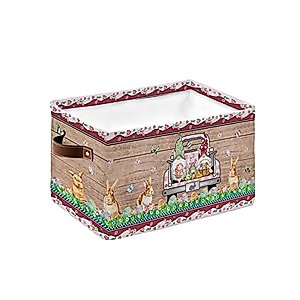 Easter Gnome Bunny Truck Waterproof Fabric Storage Basket for Organizing Bedroom Bathroom Laundry Room Collapsible Storage Bins Rustic Wooden Decorative Shelf Basket for Gifts Empty
