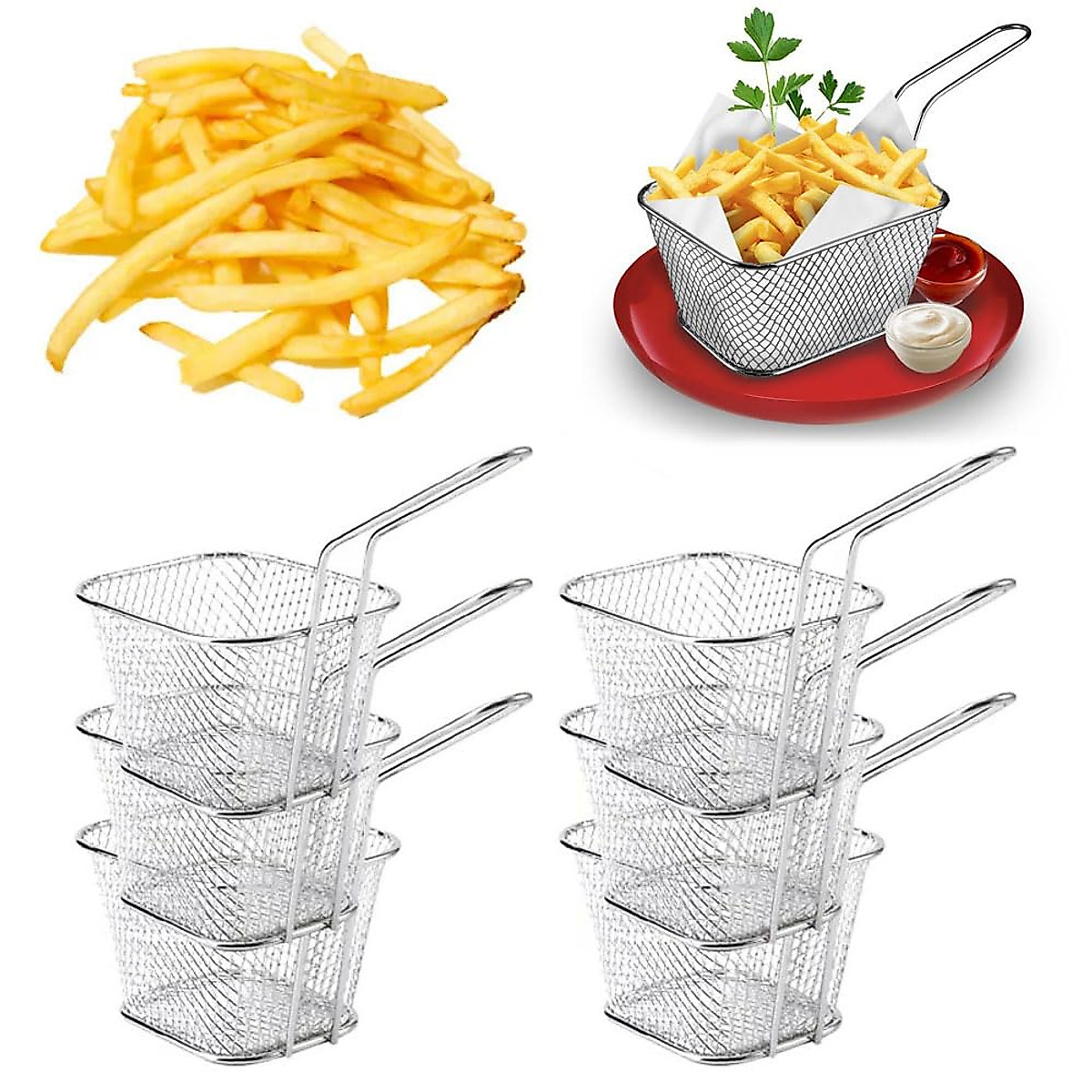 6 Pcs Mini Square Fry Basket Stainless Steel French Fries Holder Deep Fryer Baskets with Handles, Table Serving Frying Chips Baskets, French Fry Holder for Kitchen Party Barbecue, Silver