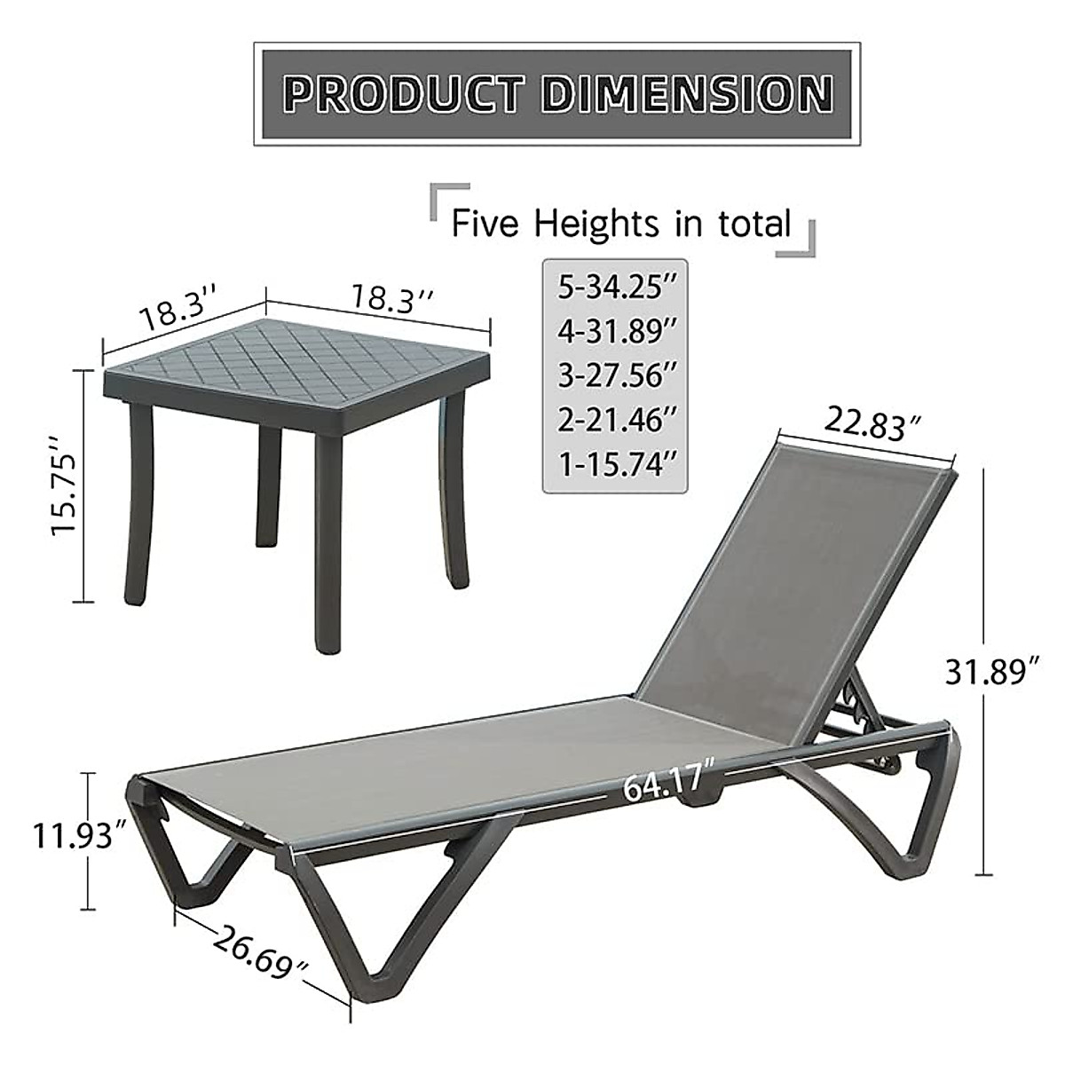 Domi Pool Lounge Chairs, Aluminum Patio Chaise Lounge with Side Table, 5 Position Adjustable Backrest and Wheels, All Weather Outdoor Lounge Chairs for Beach, Yard, Balcony, Poolside, Gray