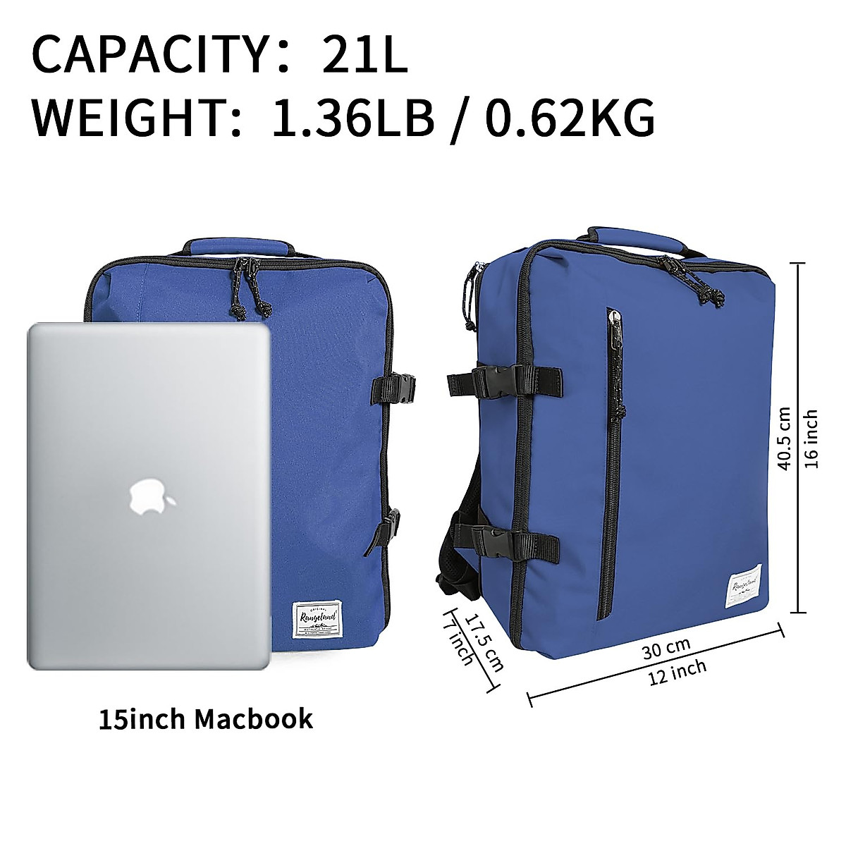 Rangeland Lightweight Travel Backpack Personal Item Size for Men Women Carry-On Daypack 15.6-inch Laptop, Commute Gym Sport, Blueberry