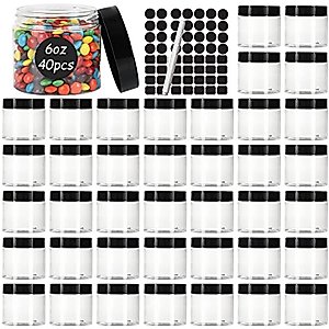 40 Pack Plastic Jars with Black Lids 6 oz,180ml Round Plastic Containers Clear Cosmetic Jars,Refillable Empty Storage Containers for Spices,Cream,Beauty Products,Lotion,Slime Making