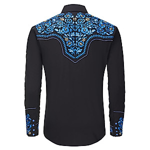 SALVAJE OESTE Western Embroidered Cowboy Shirts for Men, Casual Button Down Long Sleeve Shirt Floral Design Retro Shirt Black-Royal Blue