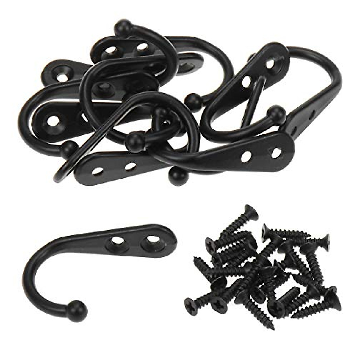 Bitray Wall Mounted Robe Hook Single Coat Hanger, 12PCS Two Hole Coat Hooks Zinc Alloy Antique Hook Single Hook with Screws (1.73" x 1.18", Black)