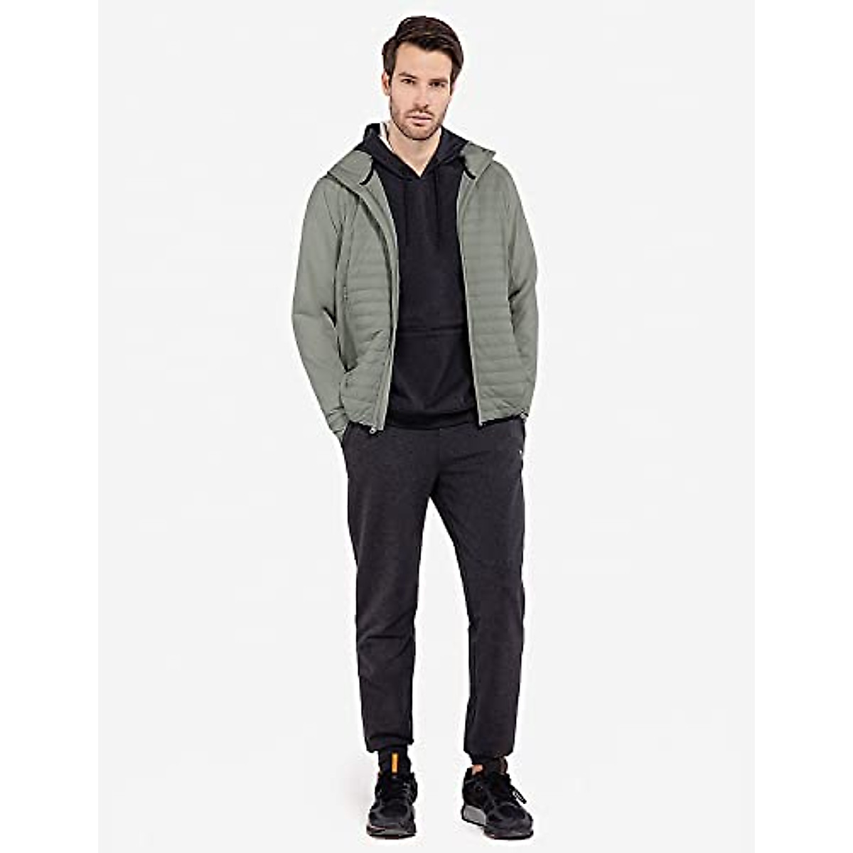 BALEAF Men's Running Jacket Lightweight Thumble Hole Warm Up Puffer Jacket Hybrid Thermal Coat Insulated Hiking Golf Olive M