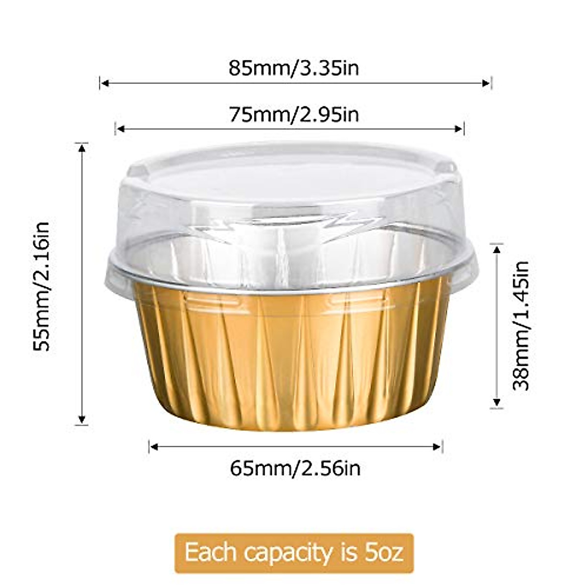 Dessert Containers with Lids,50-Pack Gold Aluminum Foil Baking Muffin Liners Cups Holders, Reusable Dessert Pudding Cups for Wedding,Christmas,Kitchen,Birthday Party,Various Parties
