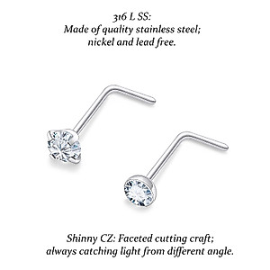 Vsnnsns 20G Nose Rings for Women Men 316L Surgical Stainless Steel L Shaped Nose Studs Screw Bone Nose Rings Piercings 20 Gauge Nostril Piercing Nose Studs Jewelry Diamond CZ 2mm Silver