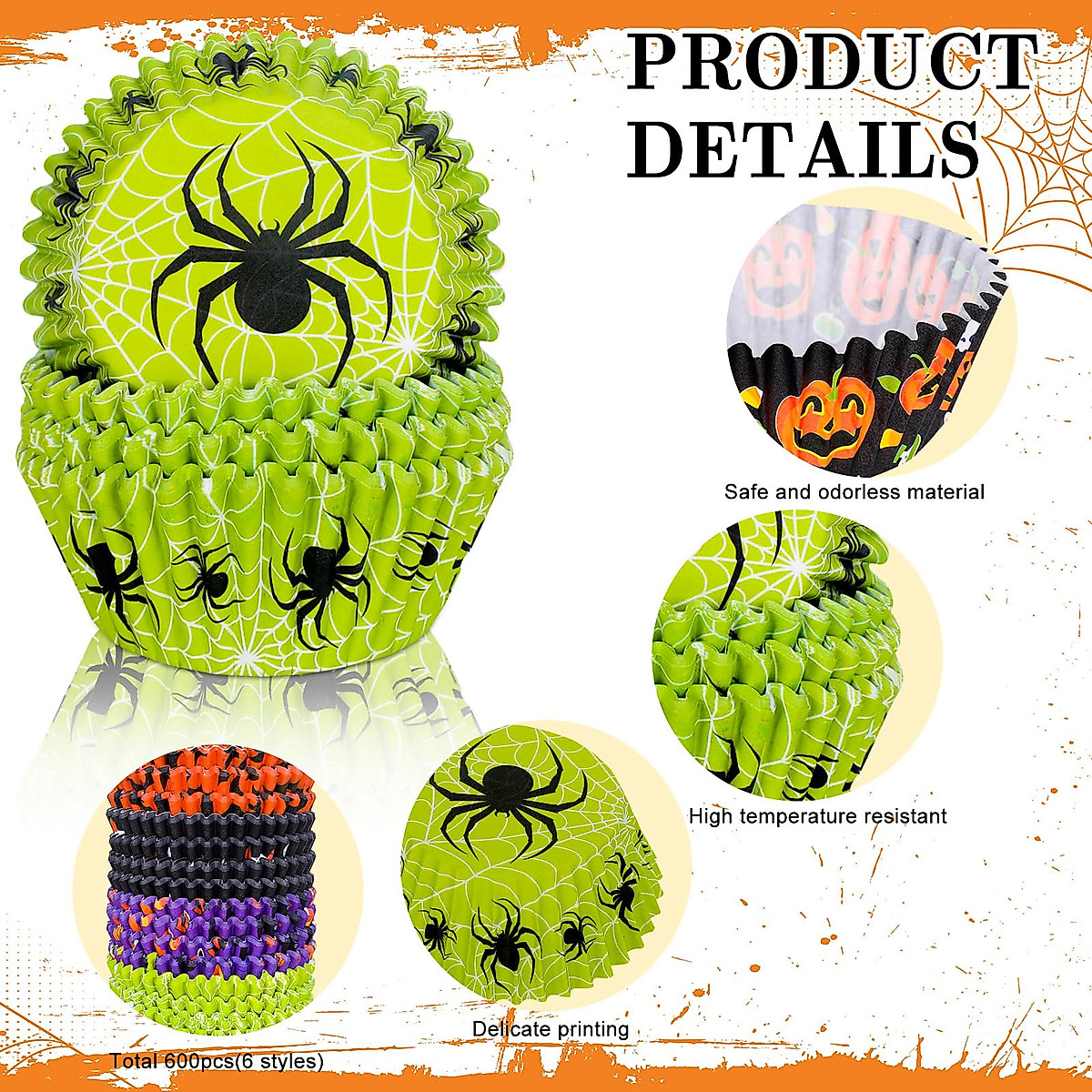 Whaline 600Pcs Halloween Cupcake Liners Pumpkin Witch Legs Bats Ghosts Spiders Skulls Cupcake Wrappers Baking Cups Holders Muffin Baking Liners for Halloween Party Supply