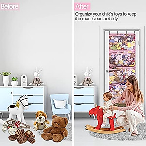 Stuffed Animal Storage, Over The Door Organizer Storage for Closet, Baby, Plush Toy, Stuffed Animal Holder with 4 Large Pockets, Hanging Door Organizer for Nursery, Bedroom, Bathroom, Kids Room (Pink)