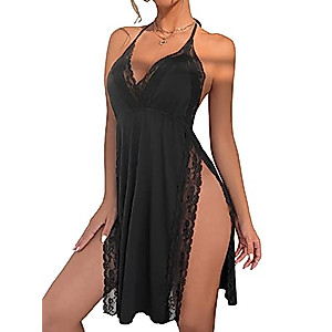 WDIRARA Women's Lace Trim Halter Tie Backless Nightgown Chemise Split Night Dress Black M