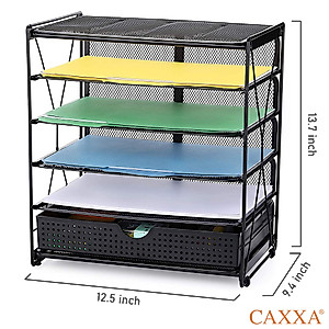 CAXXA 5 Tier Mesh Letter Tray, Desk File Organizer, Desktop Paper Tray Holder with Drawer, Black