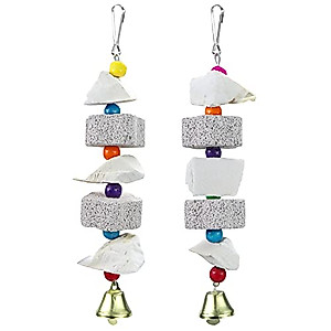 Litewoo Parrot Bird Chew Toys 2-Pcs, Bird Beak Trim Cuttlebone Calcium Stone Lava Block Chew Toy with Bell for Parakeet Conure Lovebird Cockatiel Finch Budgie Parrots