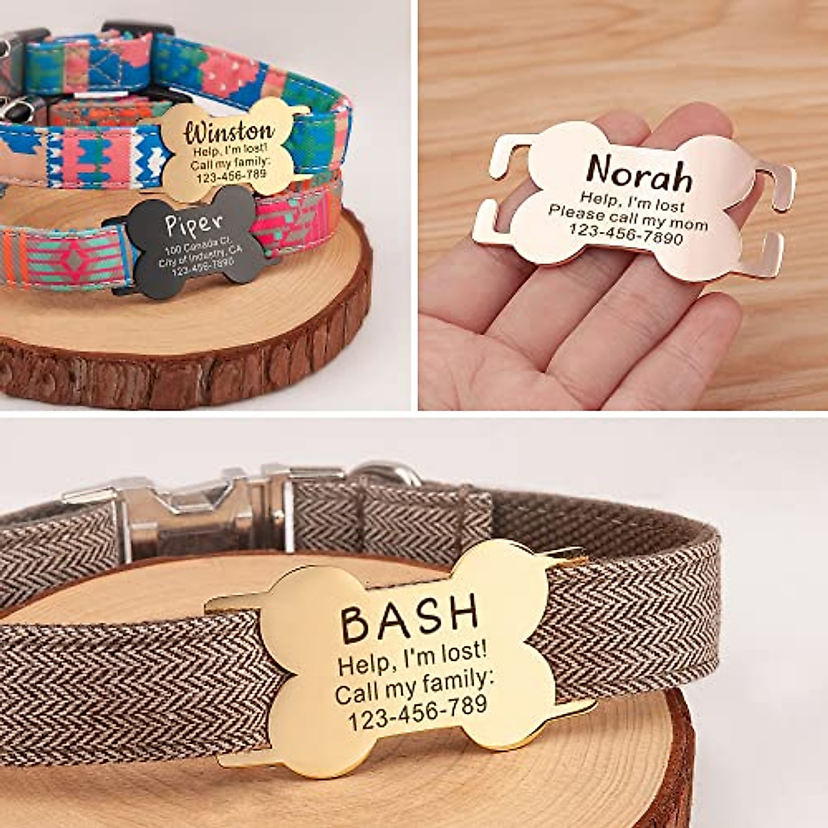 Anavia Bone Shape Slide On Silent Pet ID Tags, S/M/L/XL Gold Black Personalized Engraved Cat Dog Name Tags, Glossy Finish Stainless Steel Chew-Proof Quiet Dog Collar Tag