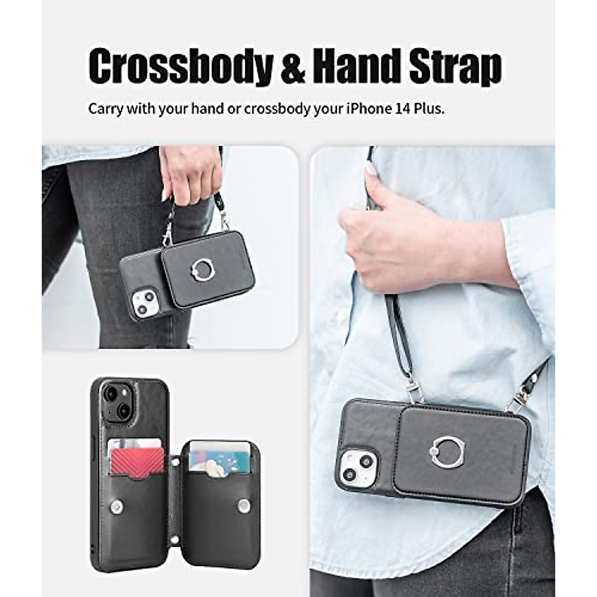 GOOSPERY Rich-Fit iPhone 14 Plus Crossbody Wallet Case for iPhone 14 Plus Case [Strap Included] with Card Holder Lanyard Magnetic Clasp [Kickstand Ring] Heavy Duty Protection, Black