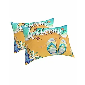Edwiinsa Beach Pillow Covers Standard Size Set of 2 20x26 Bed Pillow, Summer Ocean Starfish Seashells Slippers Blue Sea Plush Soft Comfort for Hair/Skin Cooling Pillowcases with Envelop Closure