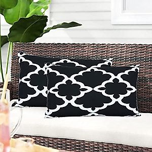 BOYSUM Black and White Outdoor Pillows Cover for Patio Furniture Waterproof Boho Throw Pillow Covers Set of 2 (Black Flower, 12''x20'')