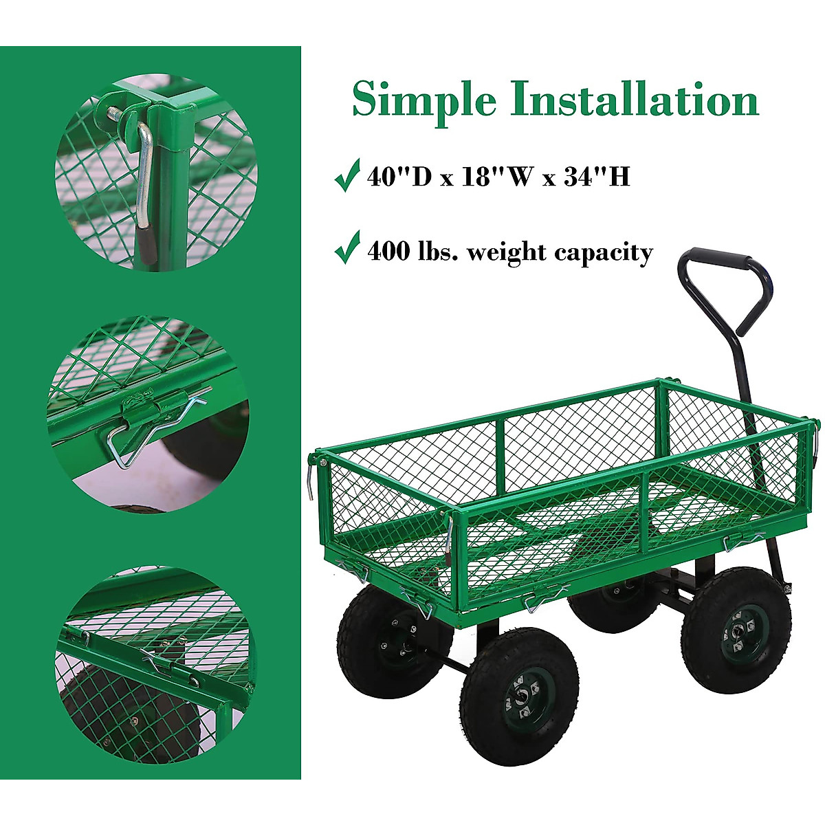 Hudada Garden Cart Heavy Duty Steel Utility Cart Yard Dump Wagon Cart Lawn Outdoor Utility Cart with Removable Sides and 10 Inch Wheels, Green