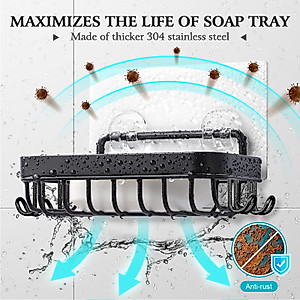 Soap Dish Holder for Shower Wall, 304 Stainless Steel Bar Soap Holder with Hooks for Bathroom, Sponge Holder for Kitchen Sink-Powerful Adhesive No Drilling