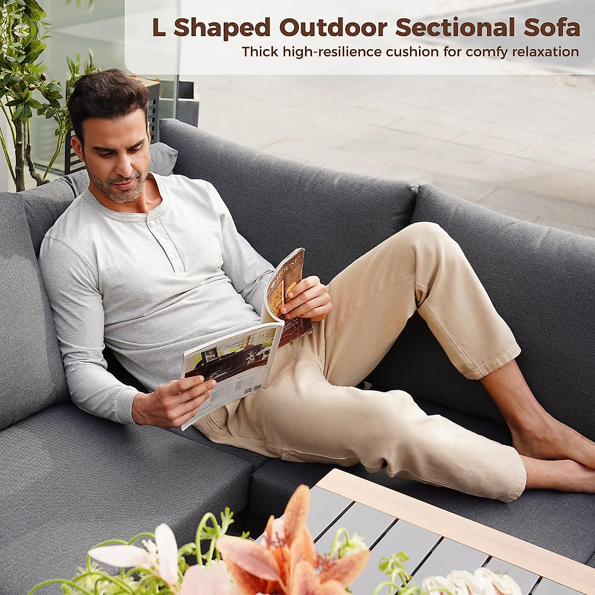 Grand patio 4-Piece Aluminum Patio Furniture Set, L Shaped Outdoor Sectional Couch with Dining Table and Bench, Modern Outdoor Conversation Corner Sofa with Chaise, Faux Wood Grain Finish