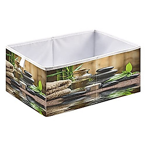 Nesatuwa Zen Basalt Stones on Wood Rectangular Storage Box,Large Collapsible Organizer Storage Basket,Toy Storage Box for Clothes Toys Home Decor 15.8x10.6x7 In