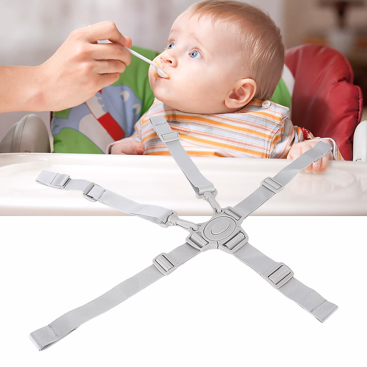 5 Point Baby Safety Strap Belt, Adjustable Universal Replacement High Chair Straps Harness Straps, Sturdy and Comfort Material for Pushchair, Stroller, Easy to Use(Gray Button 5-Point Strap)