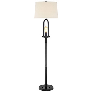 360 Lighting Marcel Industrial Rustic Farmhouse Floor Lamp Standing 64" Tall Black with LED Nightlight Light Natural Linen Drum Shade for Living Room Reading Bedroom Office House Home Decor