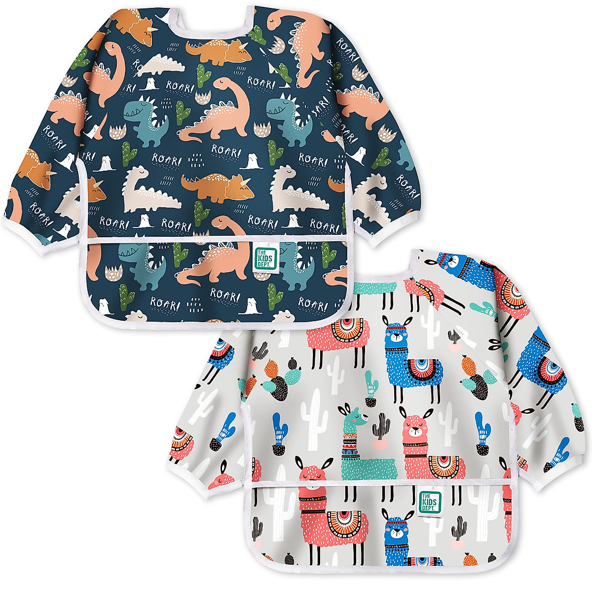 THE KIDS DEPT. Baby Bibs For Boy/Girls, Long Sleeve Bib For Babies, Waterproof Smock, 6-18 Months, Llama & Dinosaur Design -2 Pack